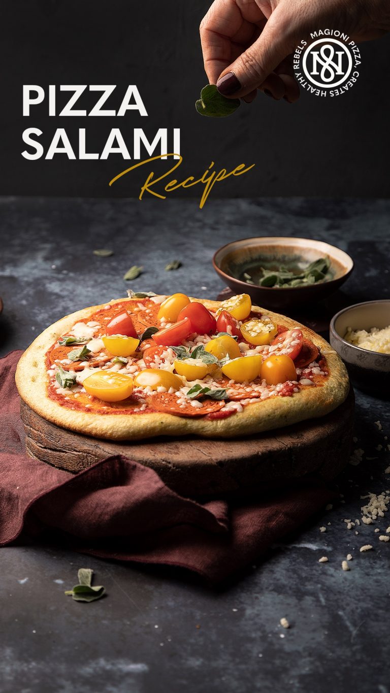 Pizza with vegetarian salami and coloured snack tomatoes - Magioni